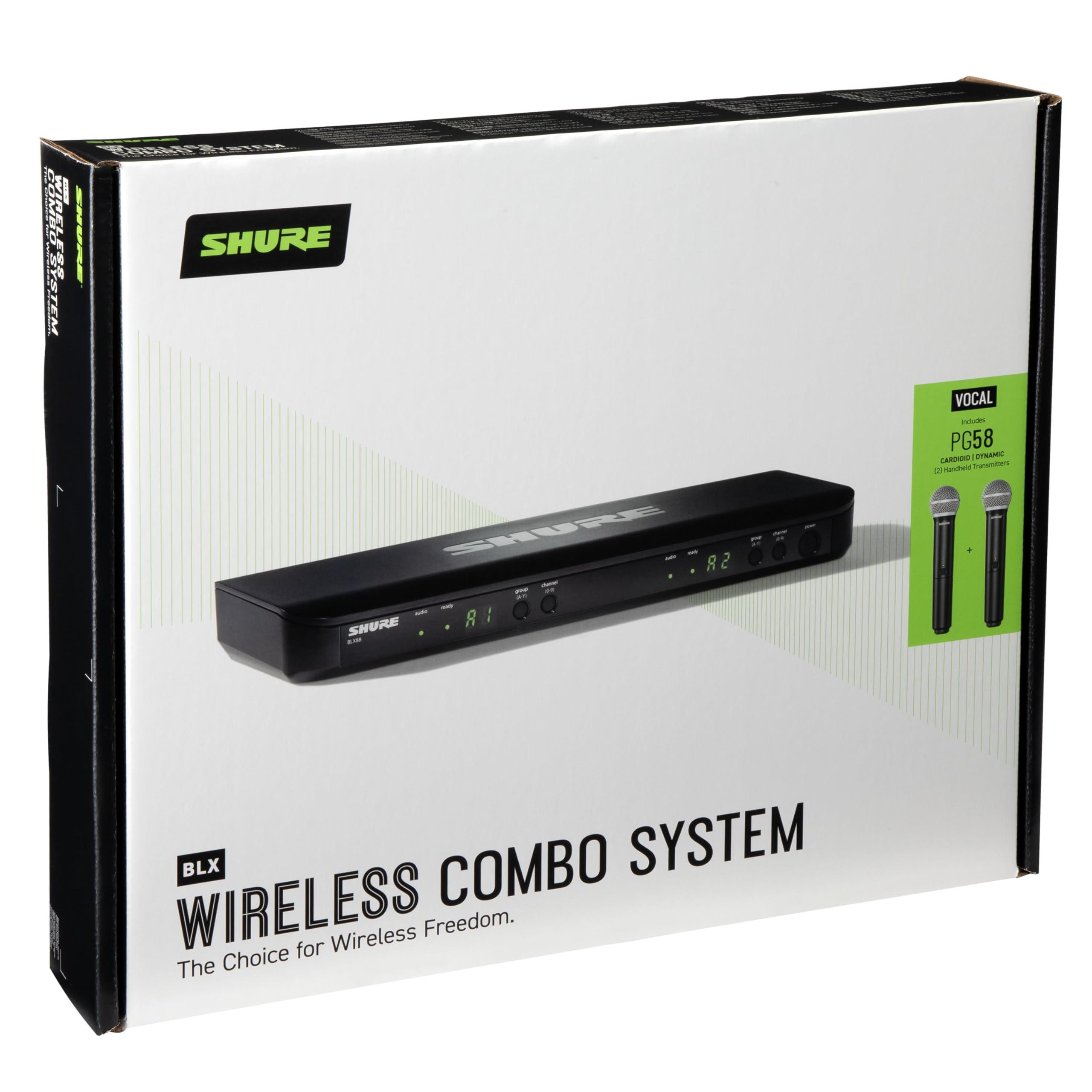 Shure BLX288/PG58 UHF Wireless Microphone System - Perfect for Church, Karaoke, Vocals - 14-Hour Battery Life, 300 ft Range | includes (2) PG58 Handheld Vocal Mics, Dual Channel Receiver | H10 Band