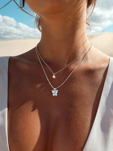 SILVERCUTE Light Blue Butterfly Pendant Necklace 925 Sterling Sterling Silver Cute Insect Animal Pendant & Chain for Women