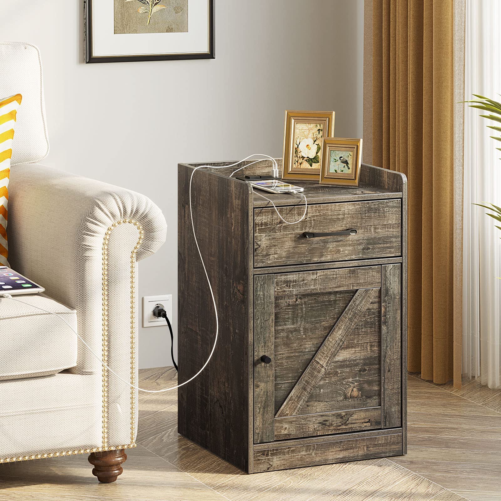 Rolanstar Nightstand with Charging Station, Farmhouse End Side Table with Storage Drawer and Cabinet for Bedroom, Grey