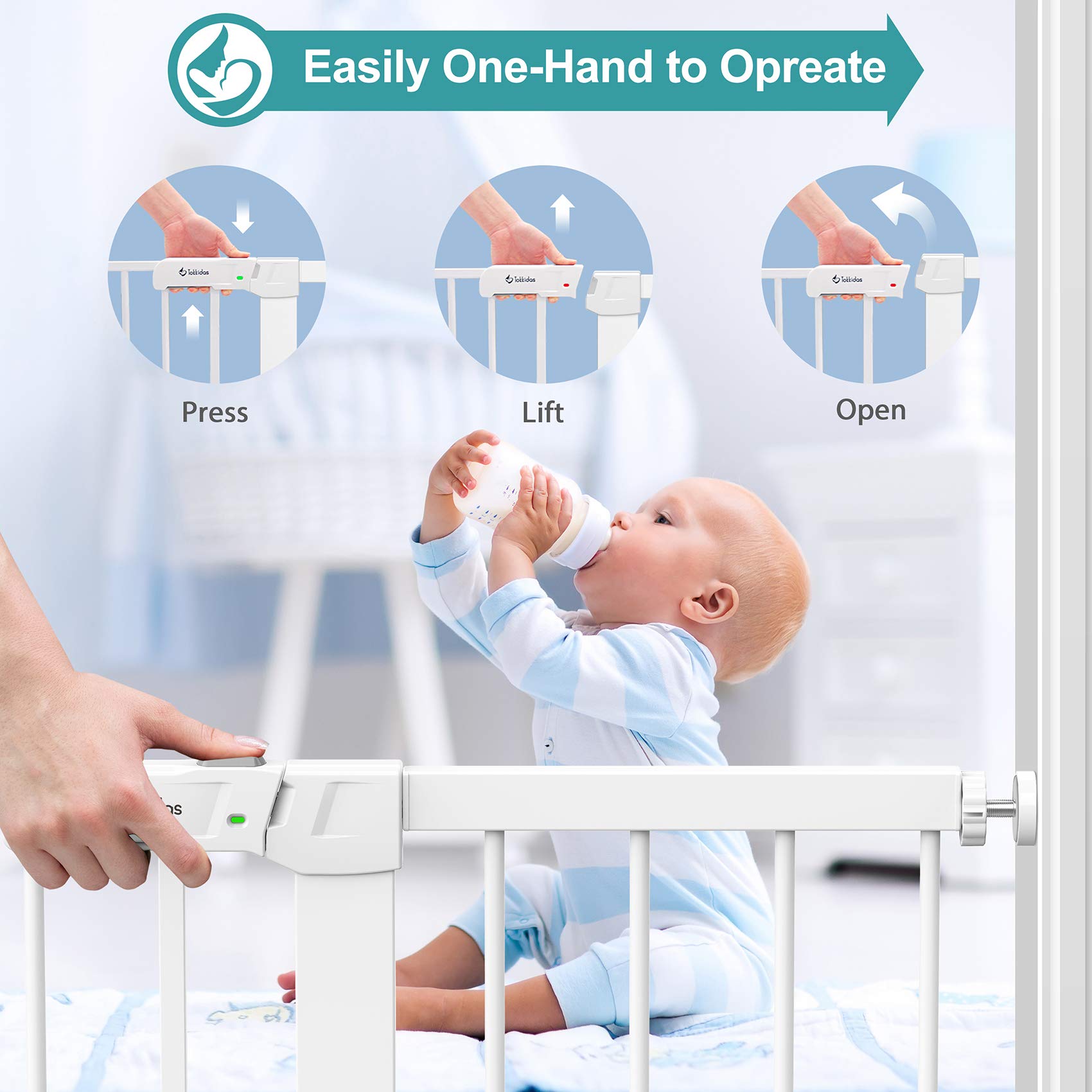 Tokkidas 40.6"-29.5" Auto Close Safety Baby Gate, Dog Gate, Durable Easy Walk Thru Child Gate for Stairs, Doorways, House, Includes 2.75" & 5.5" Extension, Pressure Mounted, NO Drilling, Arched White