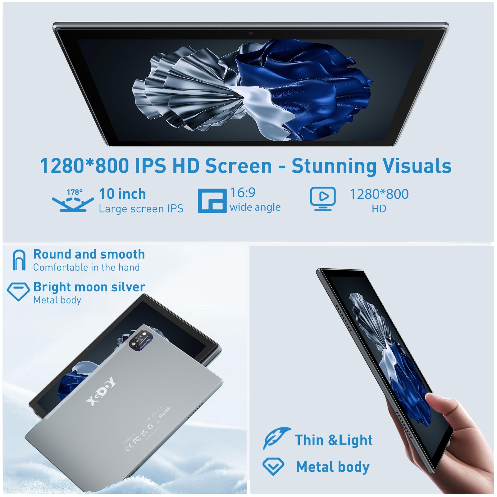 XGODY Android 12 Tablet 10 inch Tablets, T10 6GB+128GB Tablet, 512GB Expand 4 Core Android Tablet, 2.4G WiFi, 1280*800 IPS, 8000mAh Fast Charge, Bluetooth 4.2, GPS, Dual Camera, Parent control(silver)