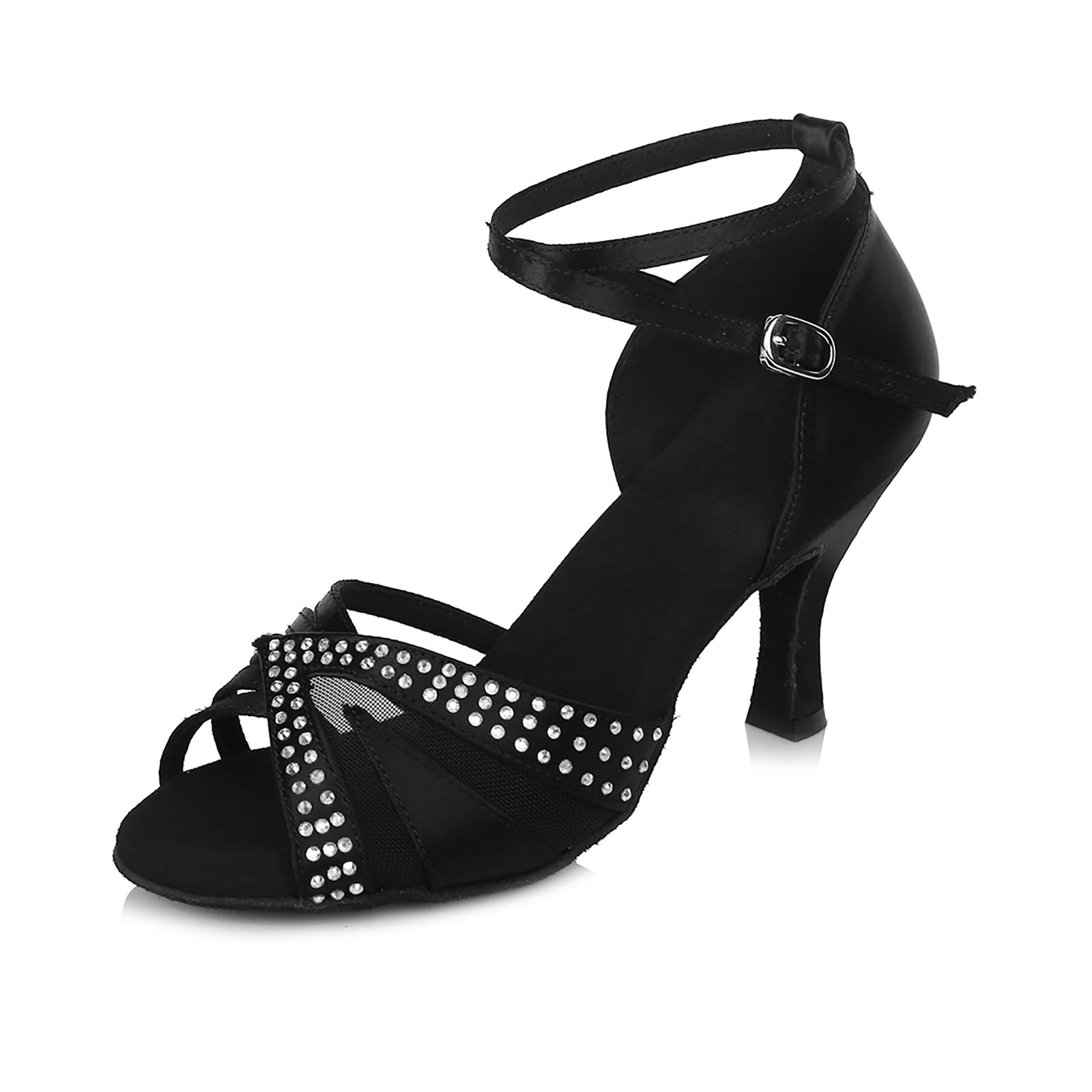 YKXLM Women Rhinestone Ballroom Dance Shoes Latin Performance Dance Shoes Women Suede Sole,L165,2 1/2 inches heel,Black,7.5US