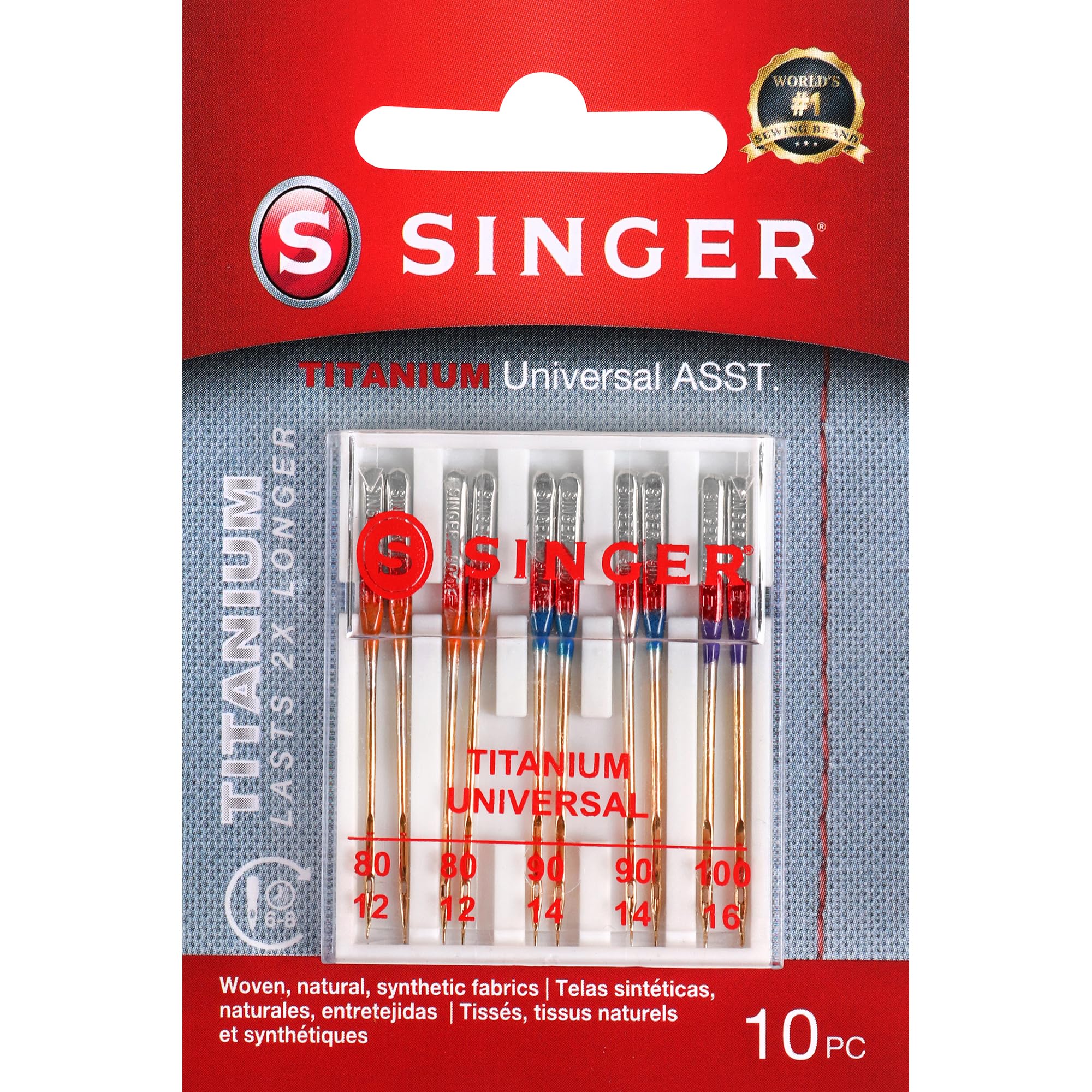 SINGER 04808 Titanium Universal Regular Point Machine Needles Woven Fabric, Sizes 80/11, 90/14, 100/16, 10-Count