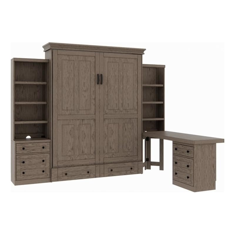 RoomAndLoft Windsor Queen Solid Wood Murphy Wall Bed and Two Shelf Storage Units with Single Side Desk and Drawers in Gray