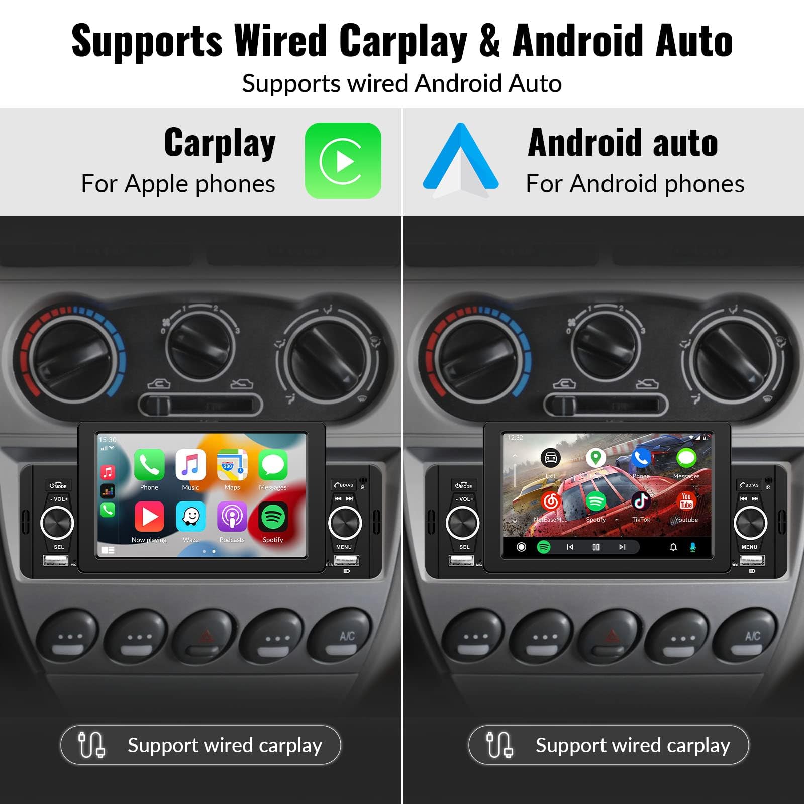 Single Din Car Stereo with Apple CarPlay Android Auto Voice Control 5 Inch Touchscreen Bluetooth Car Radio Mirror Link FM Radio EQ Dual USB Fast Charge SWC + Backup Camera, Mic, Remote Control