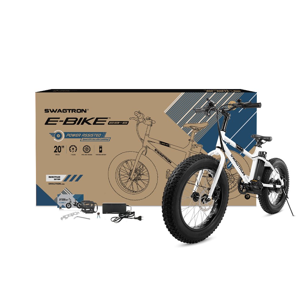 Swagtron Swagcycle EB-6 Bandit Trail Electric Bike with Removable Battery and Dual Disc Brakes, White, 20" Wheels