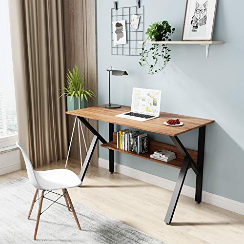 XINDACLOVER Gaming Computer Desk for Gamer, 47 Inch Small Student Desk for Bedroom, Computer Desk with Bookshelf for Home Office, Studying Writing Table for Small Space(Walnut)