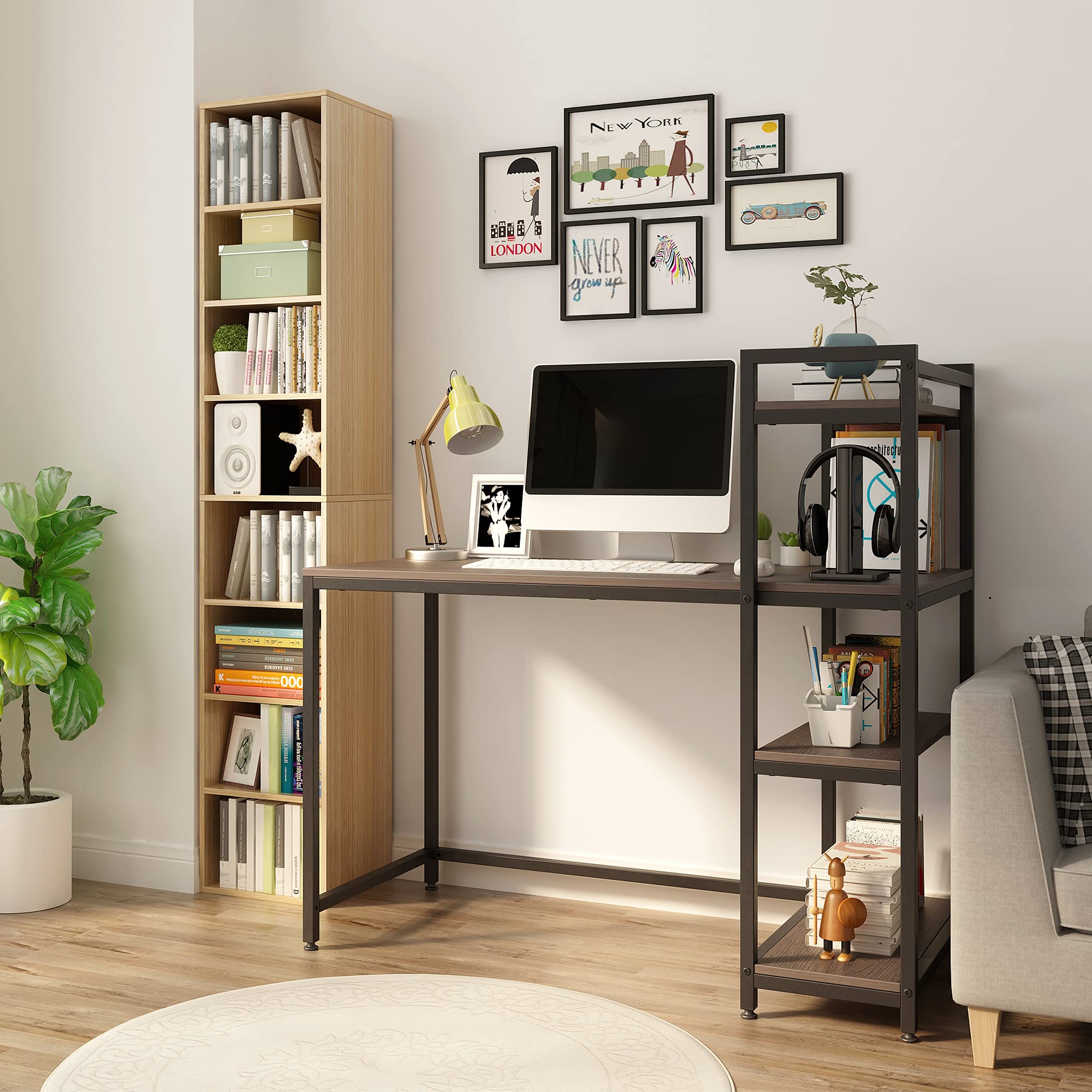 XINDACLOVER Study Table 47 inch Desk, Computer Desk with Storage Shelves, Work Table for Home Office, Modern Simple Style Laptop Table for Bedroom Small Spaces,Study Writing Working Table (Black Oak)