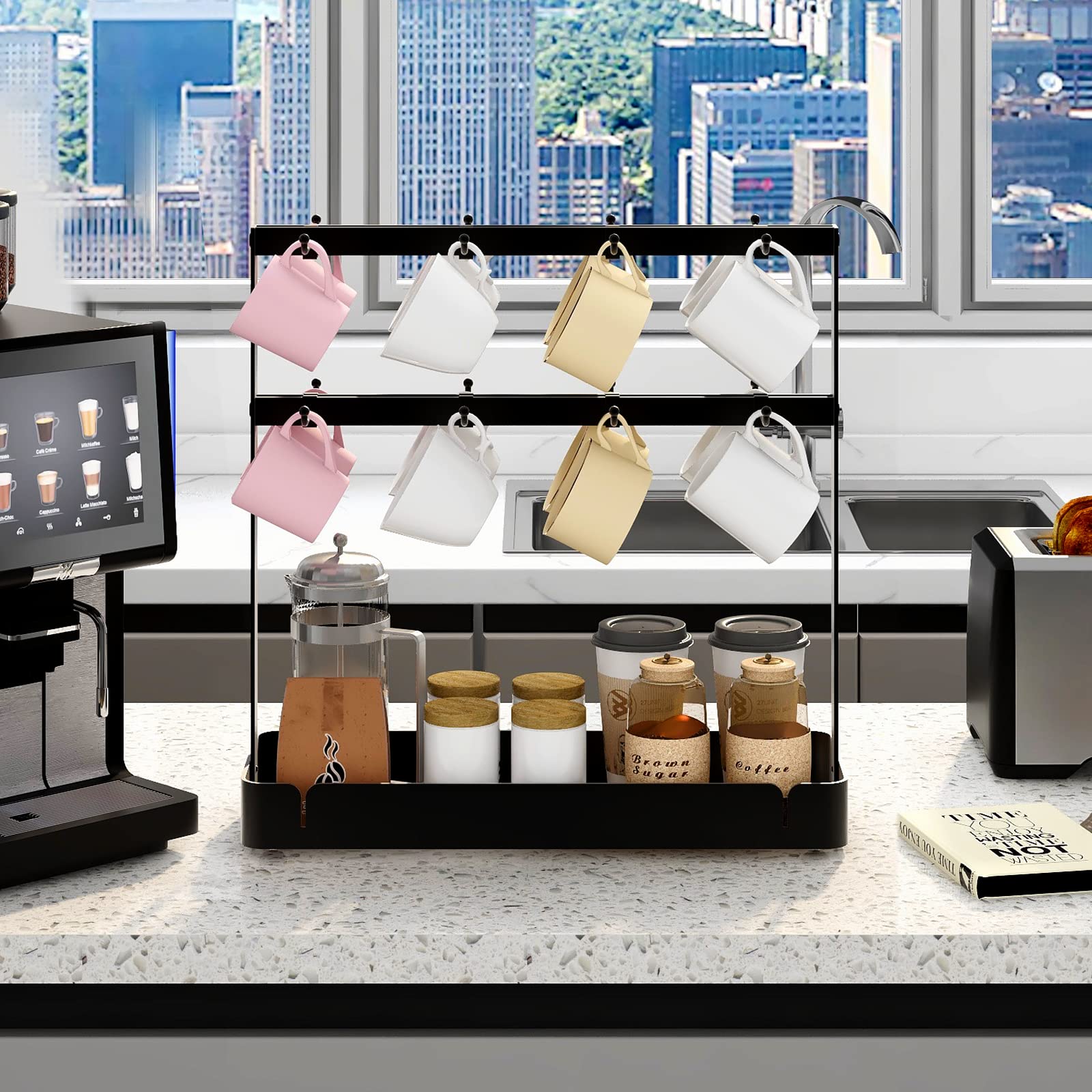 ZDDLOINP Aluminum Alloy Coffee Mug Holder with Movable Hooks, 16 Capacity Coffee Cup Holder for Countertop, 2 Tier Mug Tree Holder Rack with Storage Base for Coffee Pod, Sugar Bags, Paper Cups