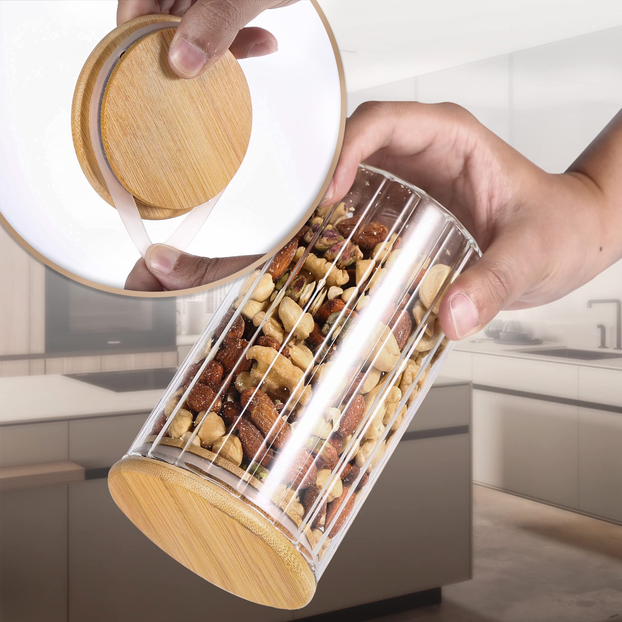 Steviieden 25 FL OZ Large Airtight Glass Jars with Bamboo Spoons Lids Overnight Oats Container Decorative Coffee Bar Food Storage Jar Cereal Nuts Salts Coffee Tea Flour Sugar Container Spice Jars