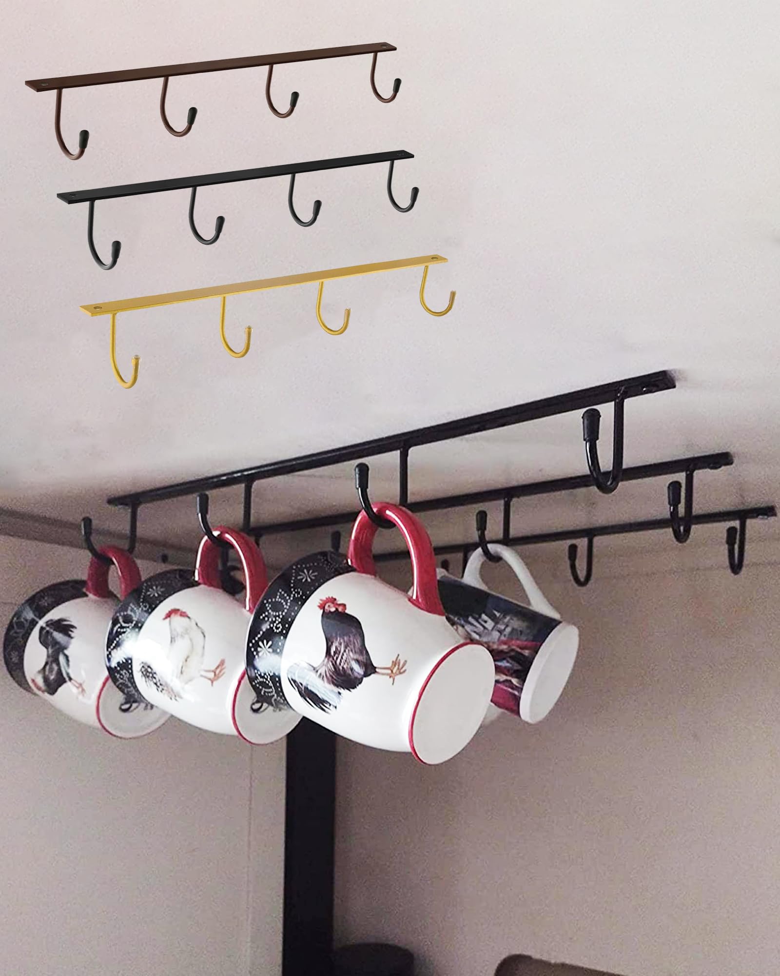 YQBOOM Mug Hanger Under Cabinet 3 Pcs Iron Mug Rack Wall Mounted Coffee Cup Hanging Rack Mug Storage Organizer for Kitchen Dining Bar Bronze