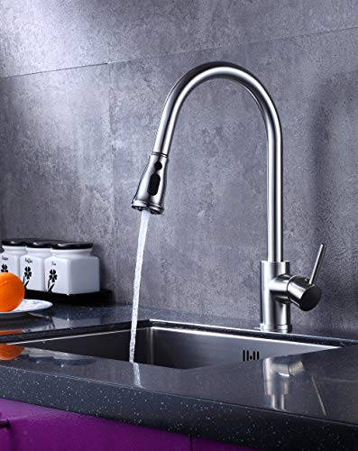 Simple Deluxe HIFUCTHSBNOH16SH8SR8 Lead-Free Brushed Nickel Solid Brass Single Handle Pull Down Sprayer Sink Kitchen Faucets, Style 1