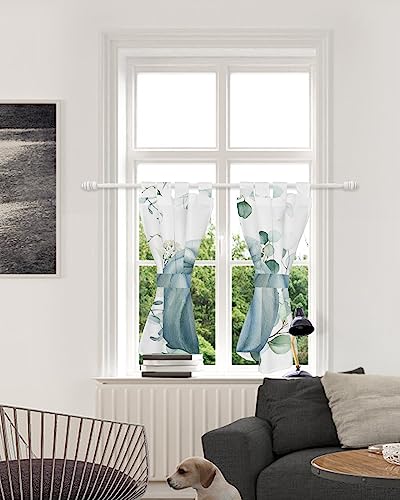 Tab Top Window Curtain,Fall Thanksgiving Blue Pumpkin Eucalyptus Leaves Tier Curtains Panels Kitchen Valance 2 Drapes,Farm Plant White Light Filtering Window Treatment for Bathroom Bedroom Cafe