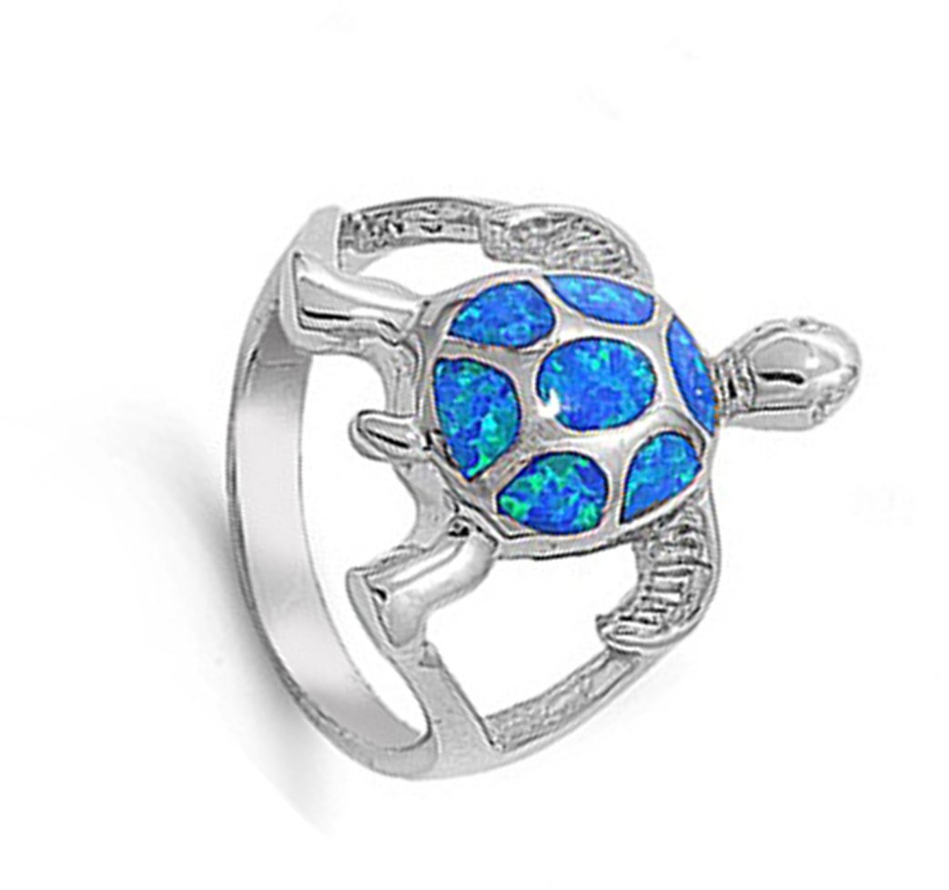 Sterling Silver Women's Blue Fire Turtle Ring Beautiful Band 21mm Size 10
