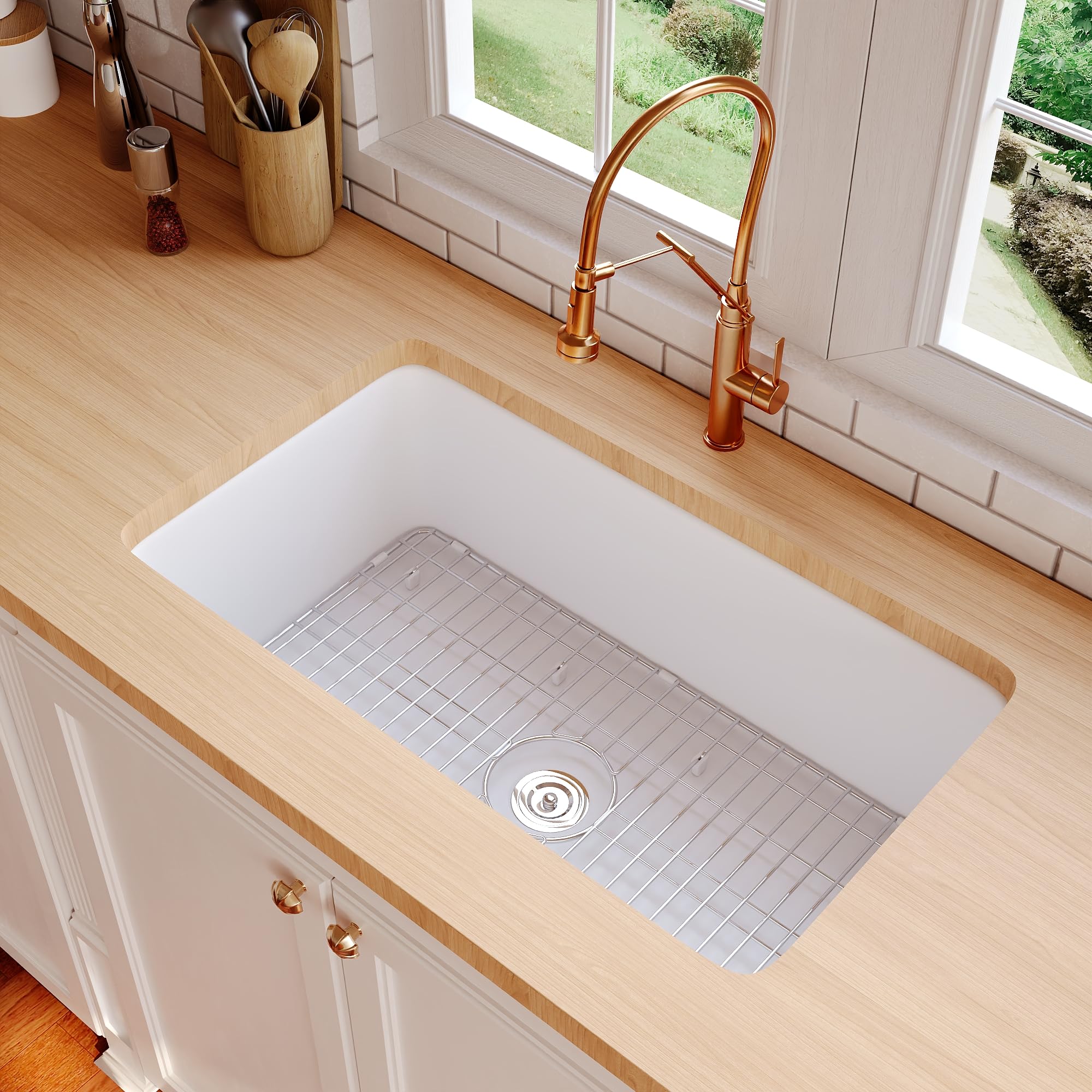 Undermount Kitchen Sink, DeerValley DV-1K513 Glen 30" L x 20" W White Single Bowl Kitchen Sink Fireclay Undermount Sink with Sink Grid and Basket Strainer