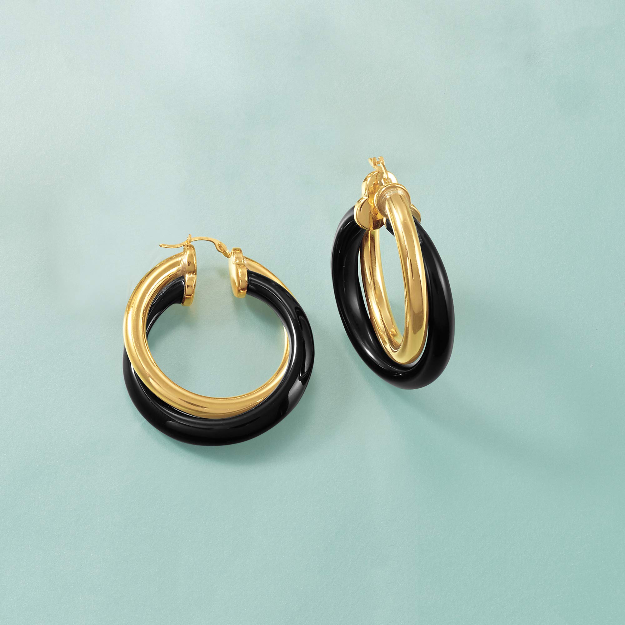 Ross-Simons Andiamo 14kt Yellow Gold and Black Onyx Hoop Earrings