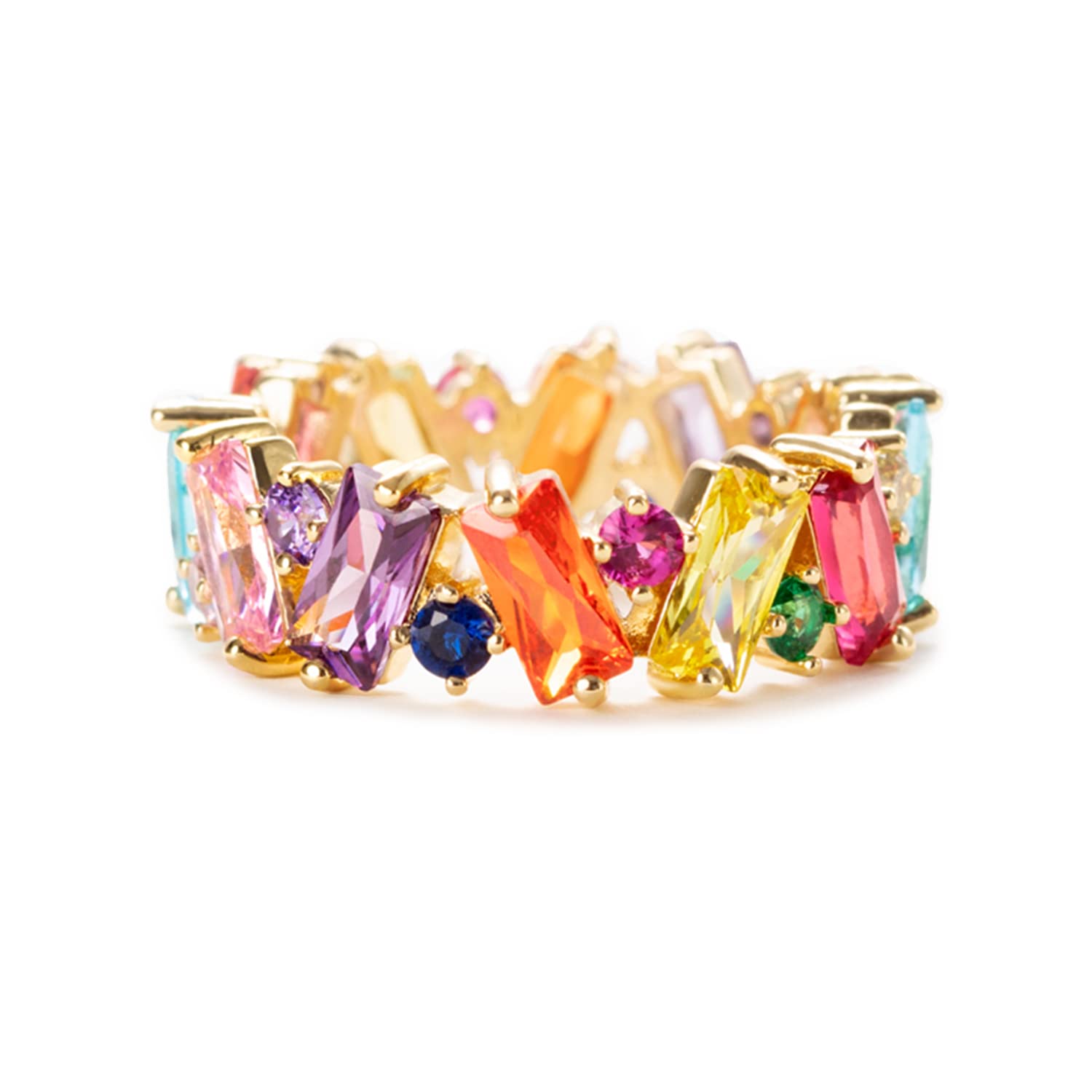 STORYJEWELLERY Story Jewellery Rainbow Ring for Women, Gold Plated Rainbow Eternity Ring, Baguette Rainbow Ring, Rainbow Jewelry Gifts for Women(G P 07)