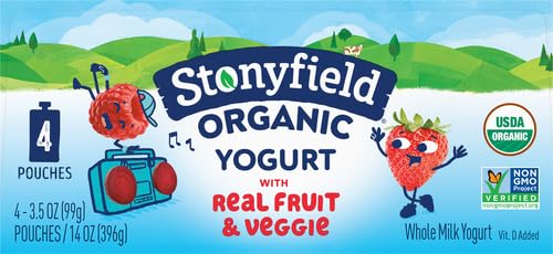 Stonyfield Organic Kids Strawberry Beet Berry Whole Milk Yogurt Pouches, 3.5 oz., 4 Ct – Real Fruit and Veggie; On The Go Snack and Breakfast Addition