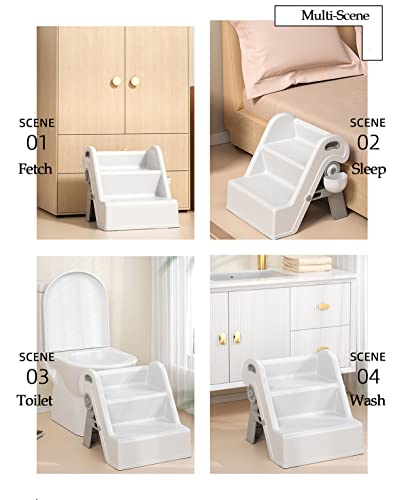 VEMJO Folding Step Stools for Kids Boys and Girls Adjustable Toddler Step Stool for Bathroom Sink 2 Step Ladder Toilet Foldable Step Stool with Handles and Non-Slip Pads (White Colour)