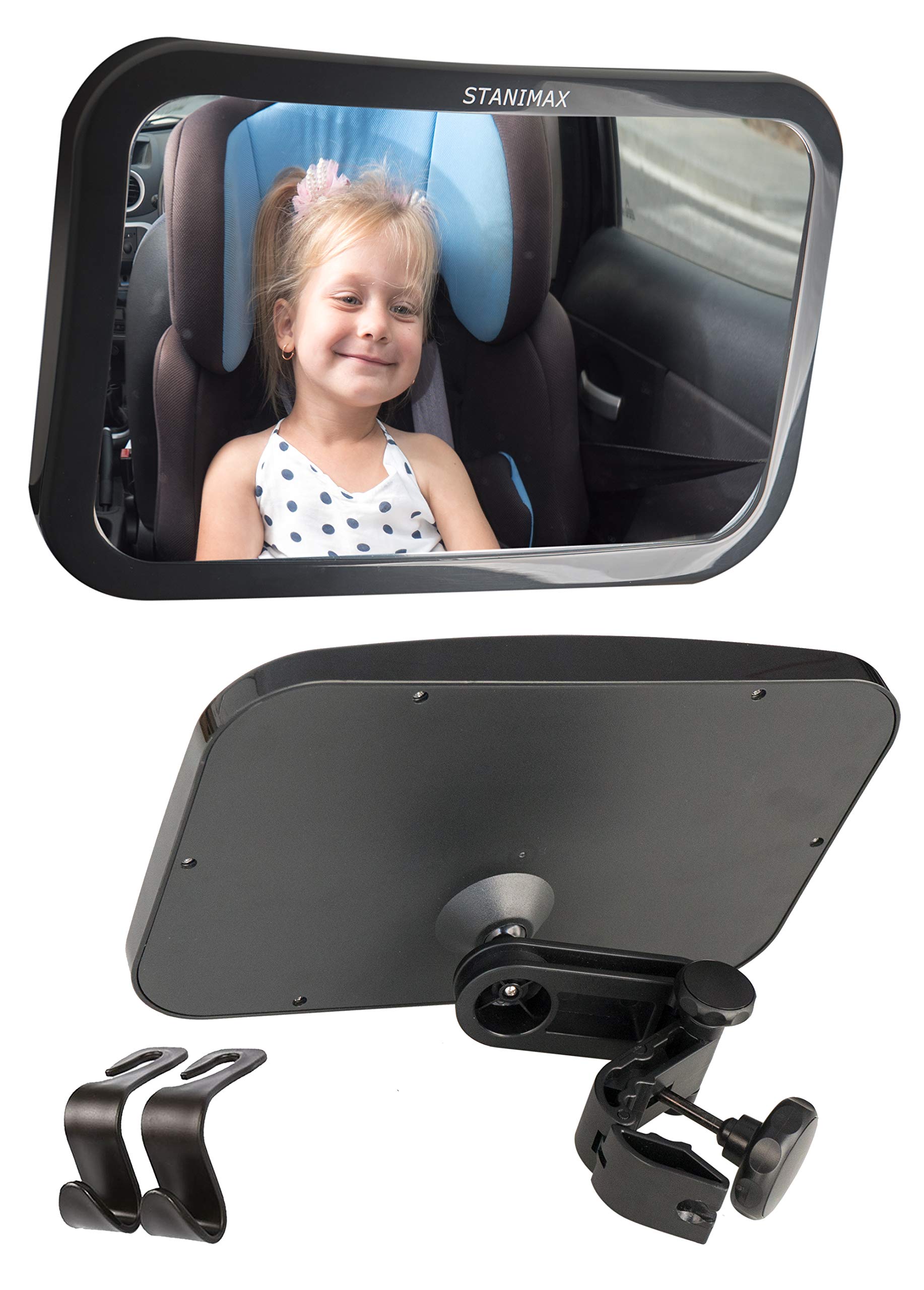 Stanimax Baby Car Backseat Mirror for Infant – Rear Monitoring – Wider and Larger Viewing Area – Secure Mounting Clamp – Shatterproof PMMA Material – Safe & Durable – Includes Car Organizing Hooks