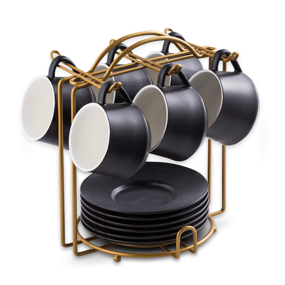 YHOSSEUN Espresso Cups with Saucers Set with Cup Holder 4 oz Cappuccino Cups Set of 6 Porcelain Espresso Cups Set and Metal Stand 3 OZ Demitasse Cup