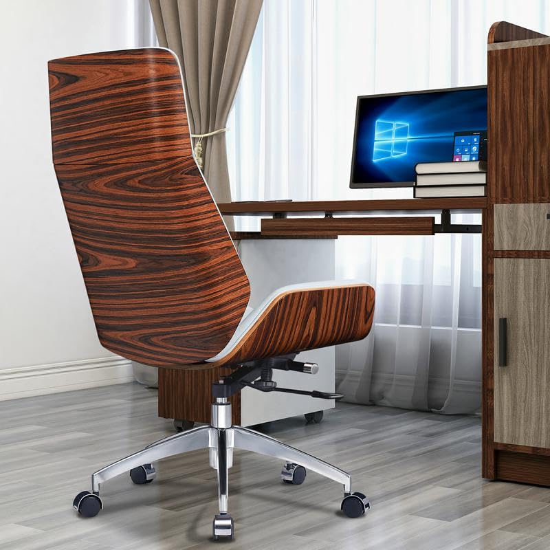 Swivel Ergonomic Office Chair, Genuine Leather Computer Chair with Adjustable Height and 4-Point Support, Comfortable High Back Desk Chairs with Mute Pulley for Living Room, Office, White
