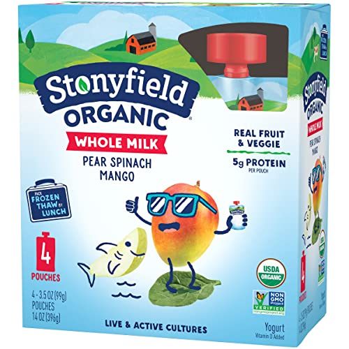 Stonyfield Organic Kids Whole Milk Yogurt Pouches 3.5 oz. Each Ct – Real Fruit Veggie, Pear Spinach Mango, (Pack of 4)