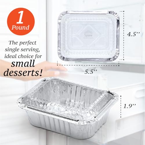 Spare Essentials 1 Lb Aluminum Pans with Lids (55 Pack) Disposable Baking Foil Containers, Takeout Food Storage, Freezer - Mini Foil Pans with Clear Lids for Restaurants & Catering - Size 5.5x4.5x1.9