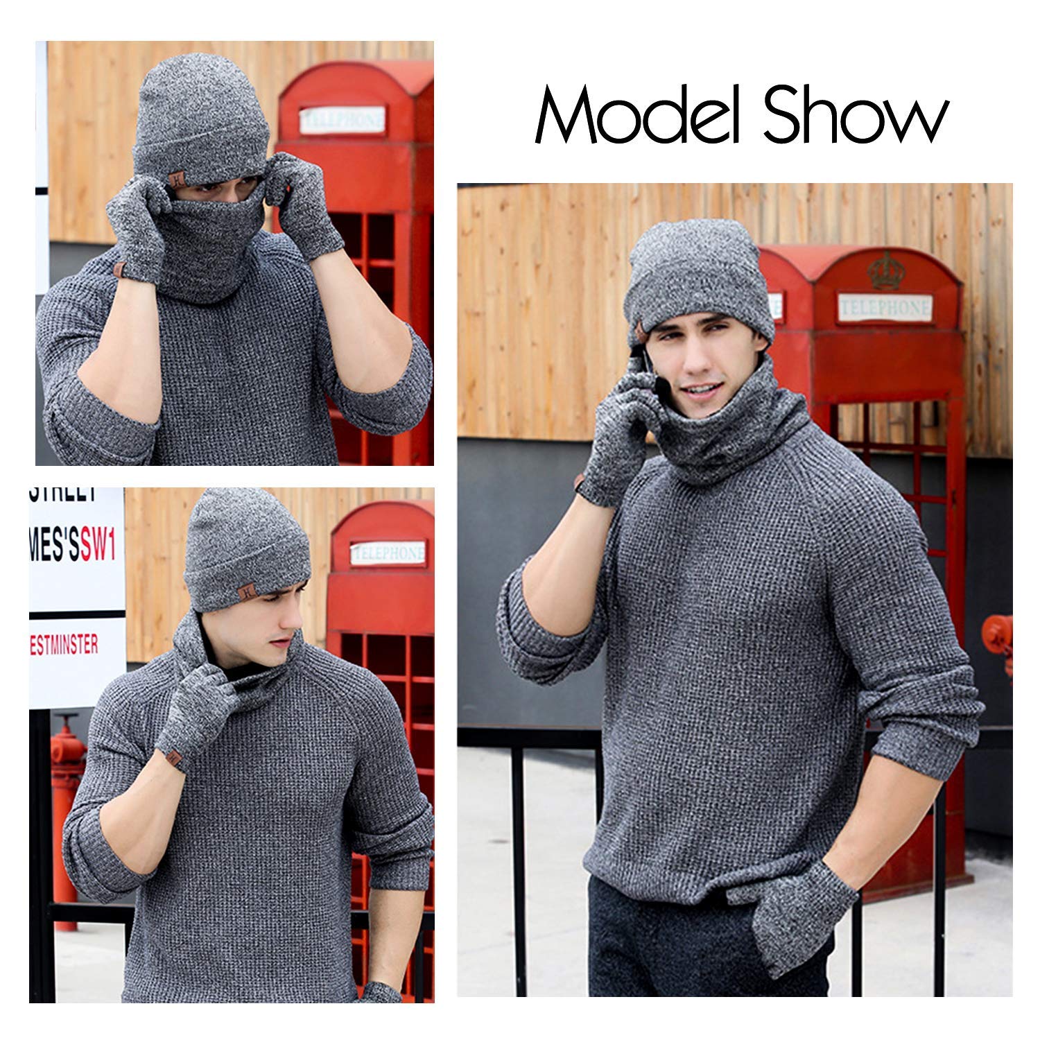 TAGVO Winter Beanie Hat Scarf Touch Screen Gloves 3 Pieces Warm Thick Knit Set for Men Women