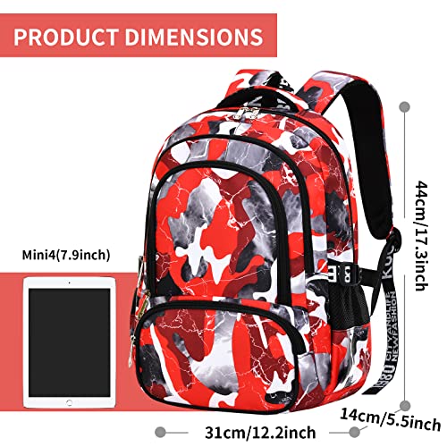 XLERHAZO School Backpack Camouflage Backpack Water Repellent Casual Daypack Lightweight Bookbags for Boys Girls (FX Camo Red)