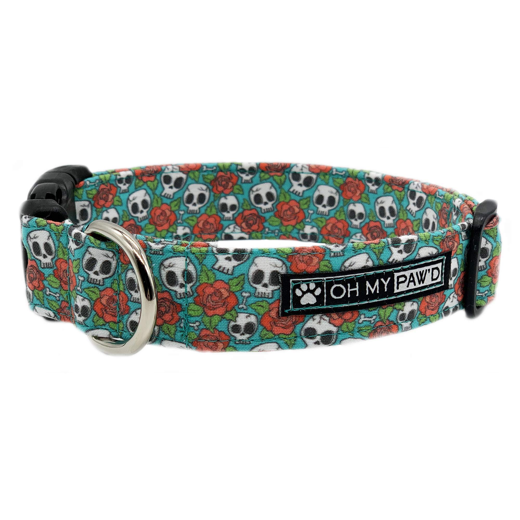 Skull & Roses Collar for Pets Size Extra Small 5/8 Inch Wide and 9-12 Inches Long - Hand Made Dog Collar by Oh My Paw'd