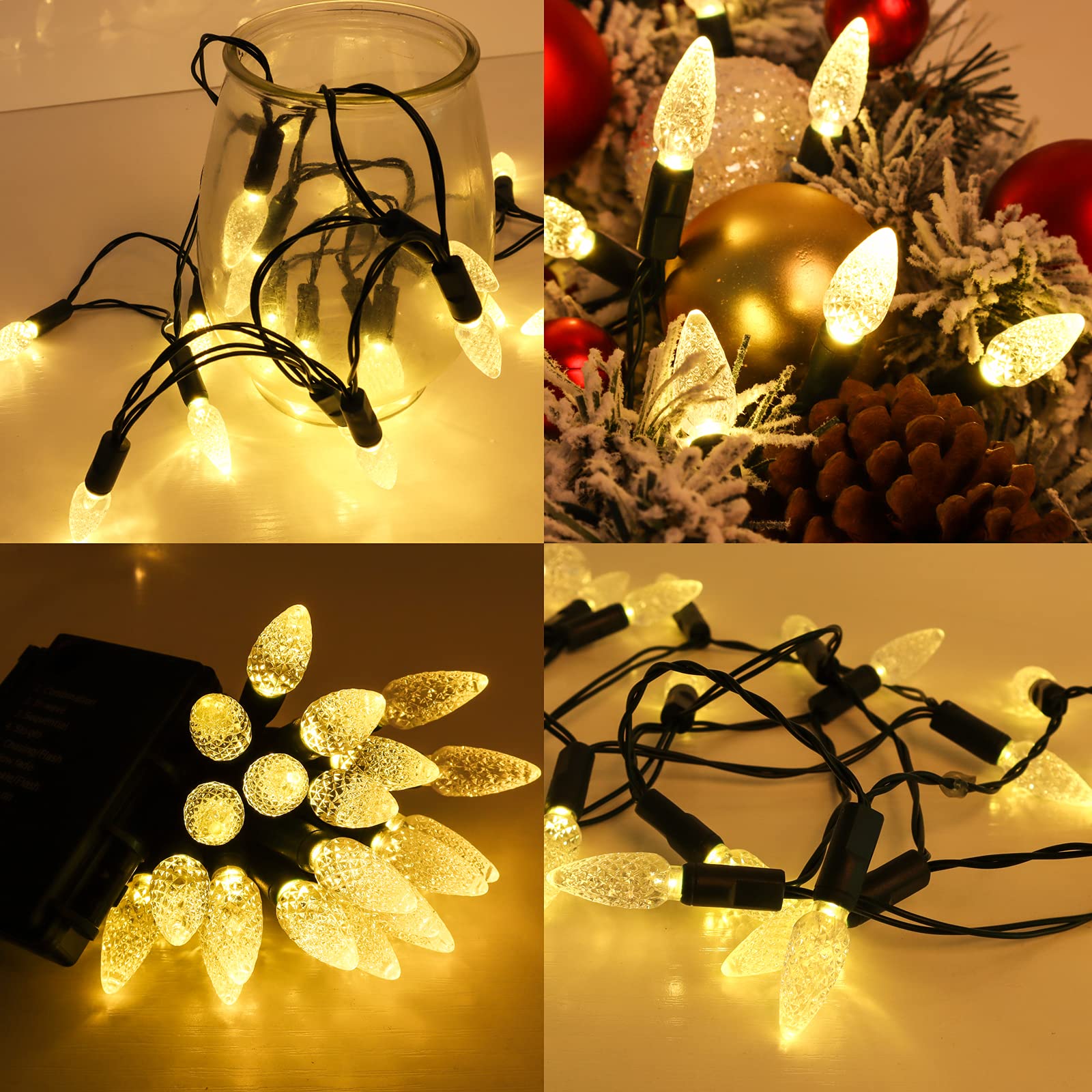 String lights indoor outdoor C6, 17ft 50LED Waterproof battery operated fairy lights with 8 lighting Modes, Wire lights for patio christmas party Wedding decoration(Battery Not Include) (warm white)