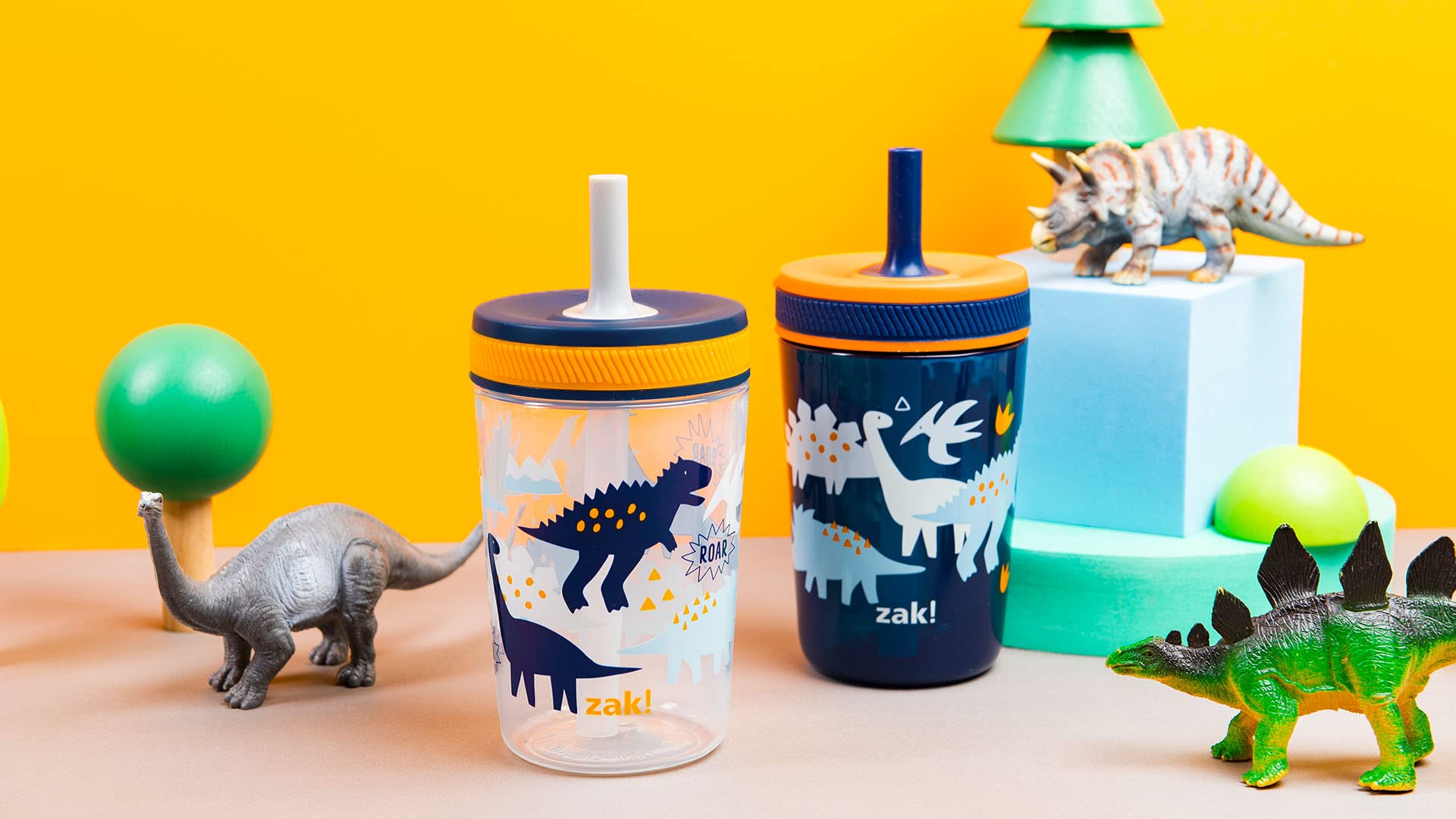 Zak Designs Kelso Toddler Cups For Travel or At Home, 15oz 2-Pack Durable Plastic Sippy Cups With Leak-Proof Design is Perfect For Kids (DinoRoar, Zaksaurus)