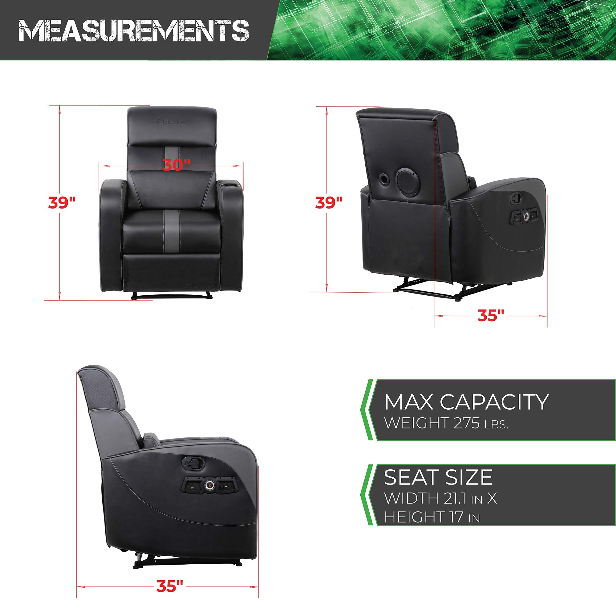 X Rocker Gamma Recliner Gaming Chair, 2.1 Bluetooth Audio System, Headrest Mounted Speakers, Built-in Footrest and Cupholder, 718001, 34.84" x 39.37" x 30.31", Black