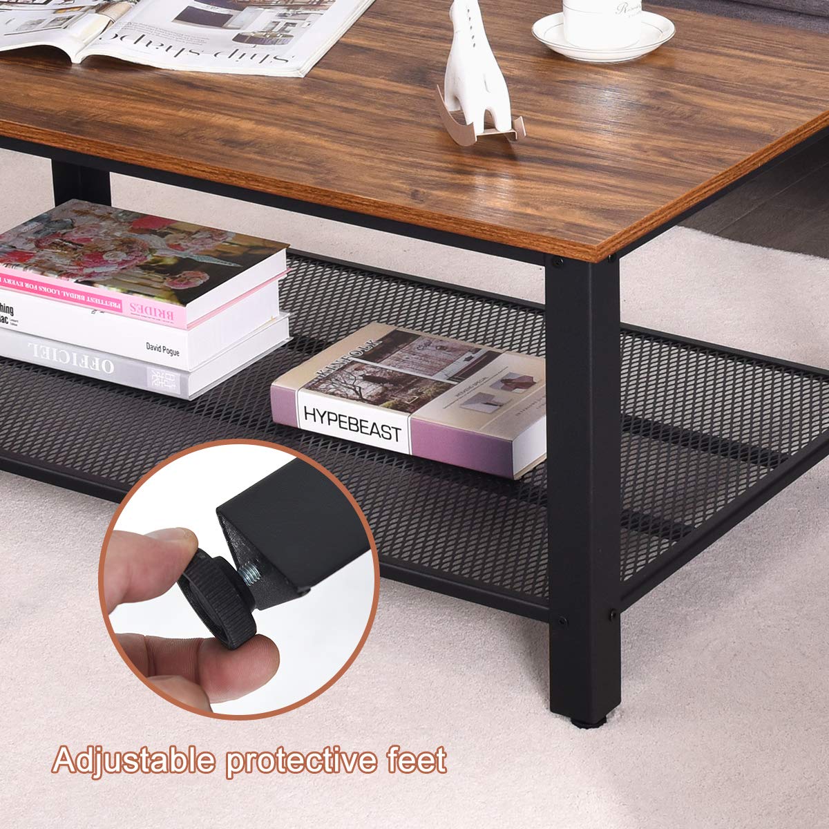 Toolsempire Rustic Coffee Table with Storage Shelf,42" Rectangle Sofa Tea Table for Living Room,Industrial Style Furniture with Strong Metal Frame for Home Office,Brown