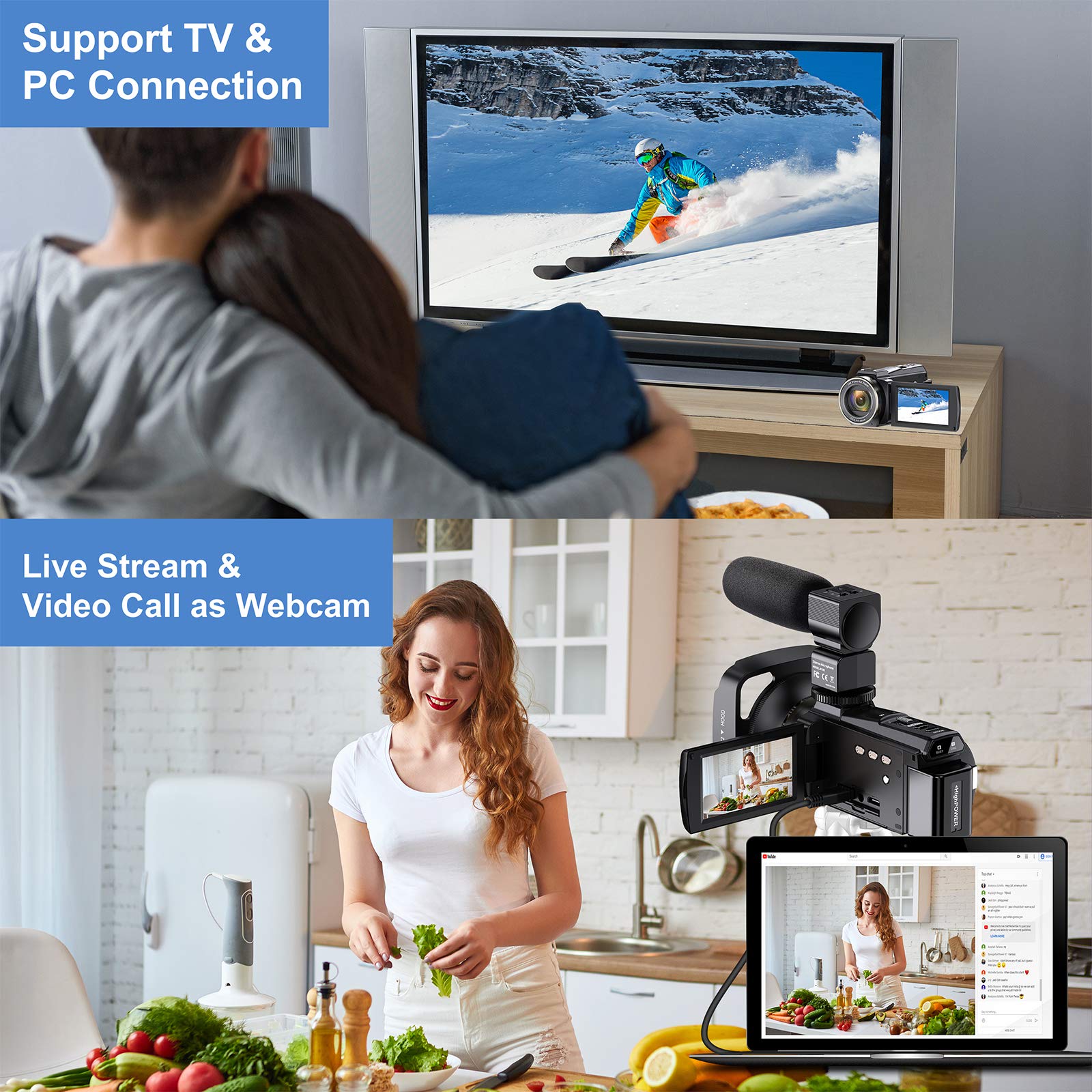 VAFOTON 4K Video Camera Camcorder with Microphone, 48MP Vlogging Camera for YouTube 16X Zoom 3.0" Touch Screen IR Night Vision Wi-Fi Vlog Cameras Webcam with Handheld Stabilizer Remote Control