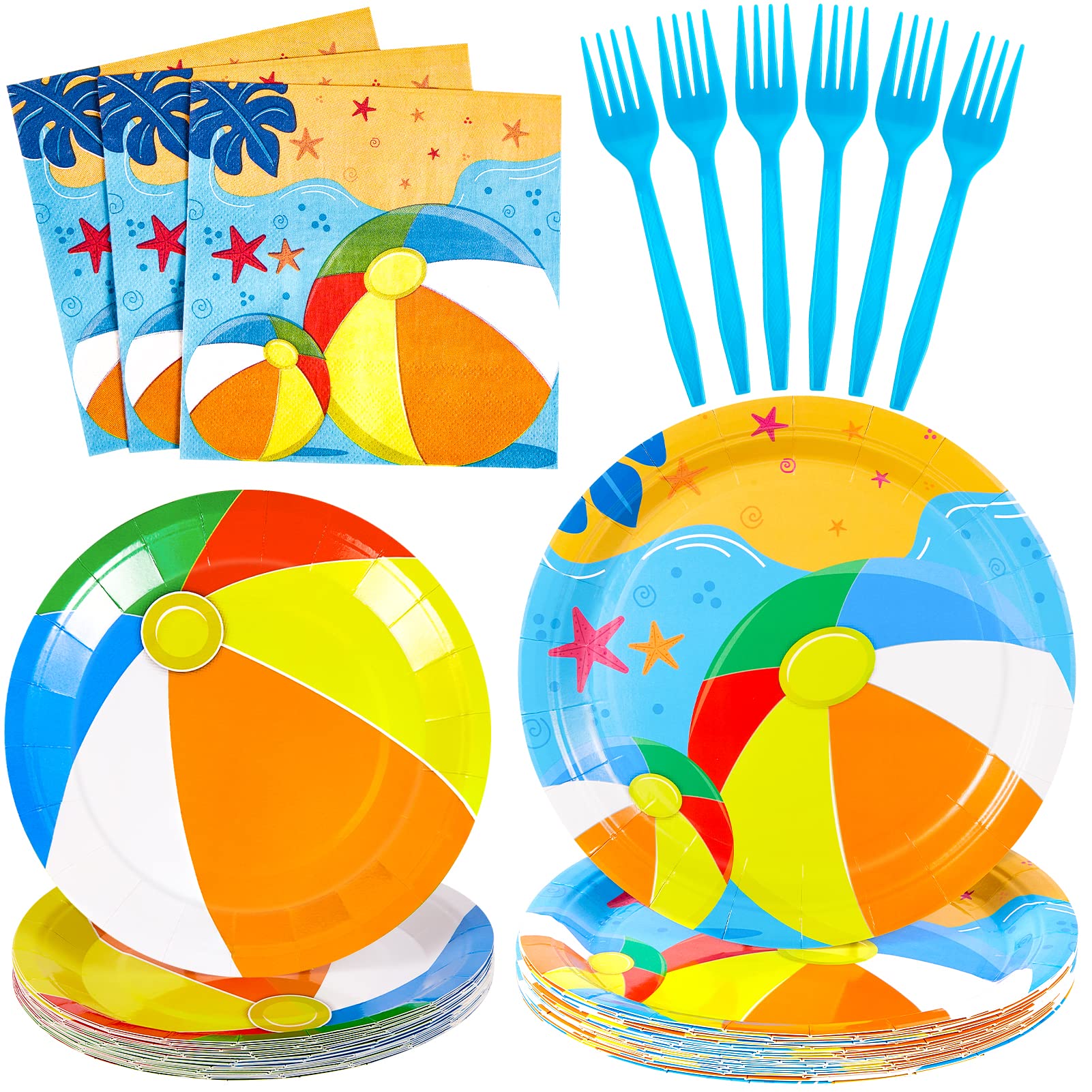 SCIONE 96 Pcs Summer Pool Ball Party Plates and Napkins - Beach Ball Theme Party Supplies Tableware For Kids Serves 24