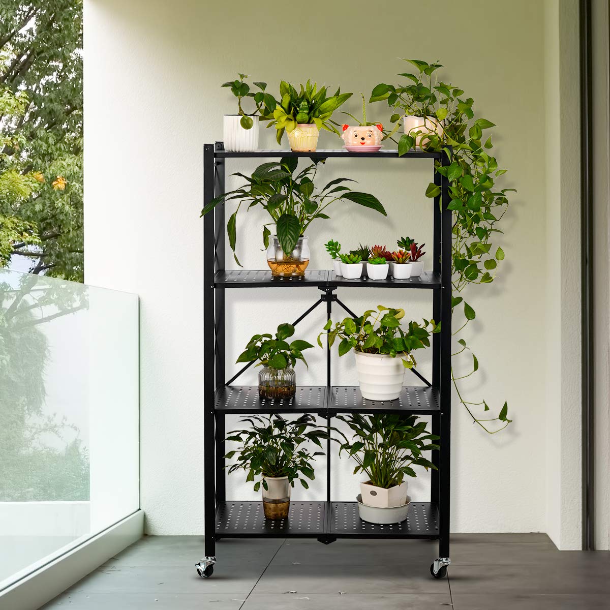 XCSOURCE 4-Tier Foldable Storage Shelves, Wide Folding Metal Shelf with Caster Wheels for Garage Kitchen Home Closet Office, No Assemble Needed - Black