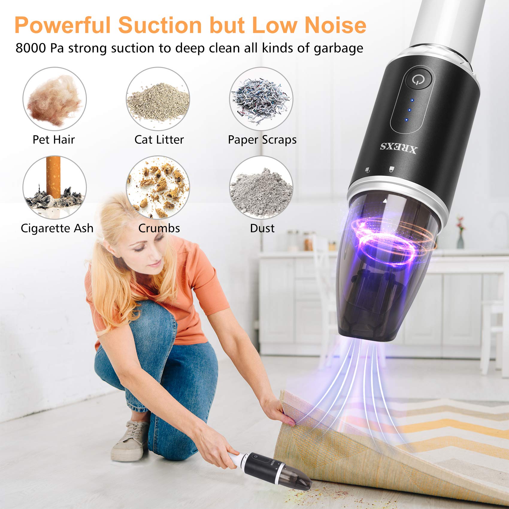 XREXS Handheld Vacuum Cordless, Portable Hand Held Car Vacuum Cleaner with High Power, Rechargeable Mini Vacuum for Home Pet Hair Cleaning