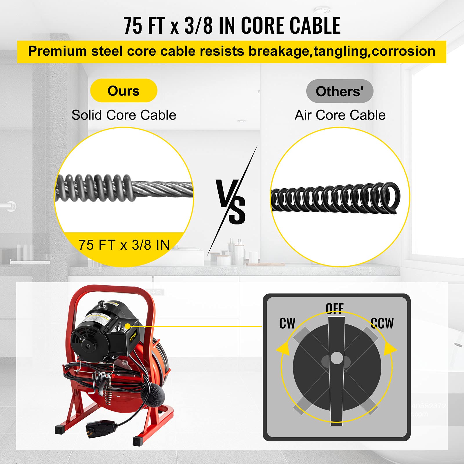 VEVOR 75Ft x 3/8Inch Drain Cleaner Machine + Roebic FRK-1LB Foaming Root Killer