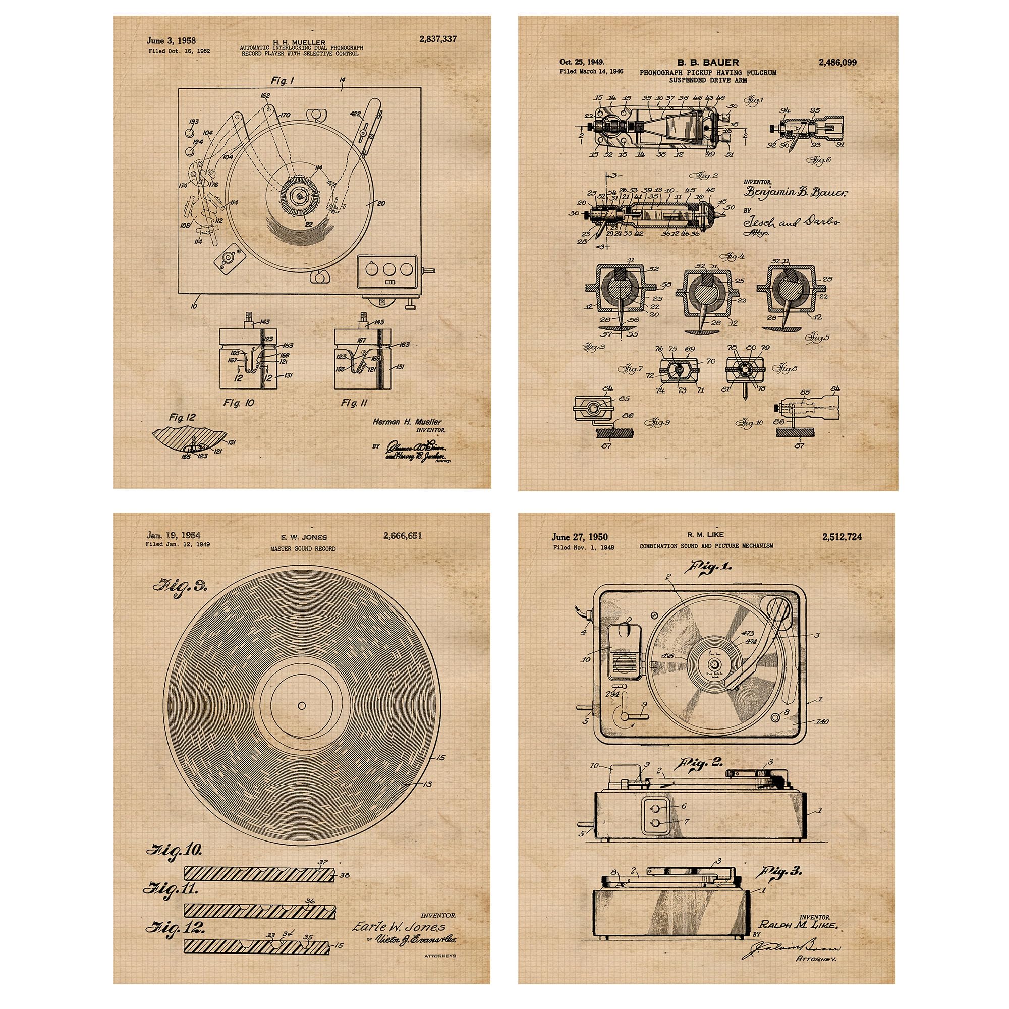 Vintage Vinyl Record Player Patent Prints, 4 (8x10) Unframed Photos, Wall Art Decor Gifts for Home Office Studio Gears Garage Man Cave College School Student Teacher Coach DJ Rock Roll Music Fans