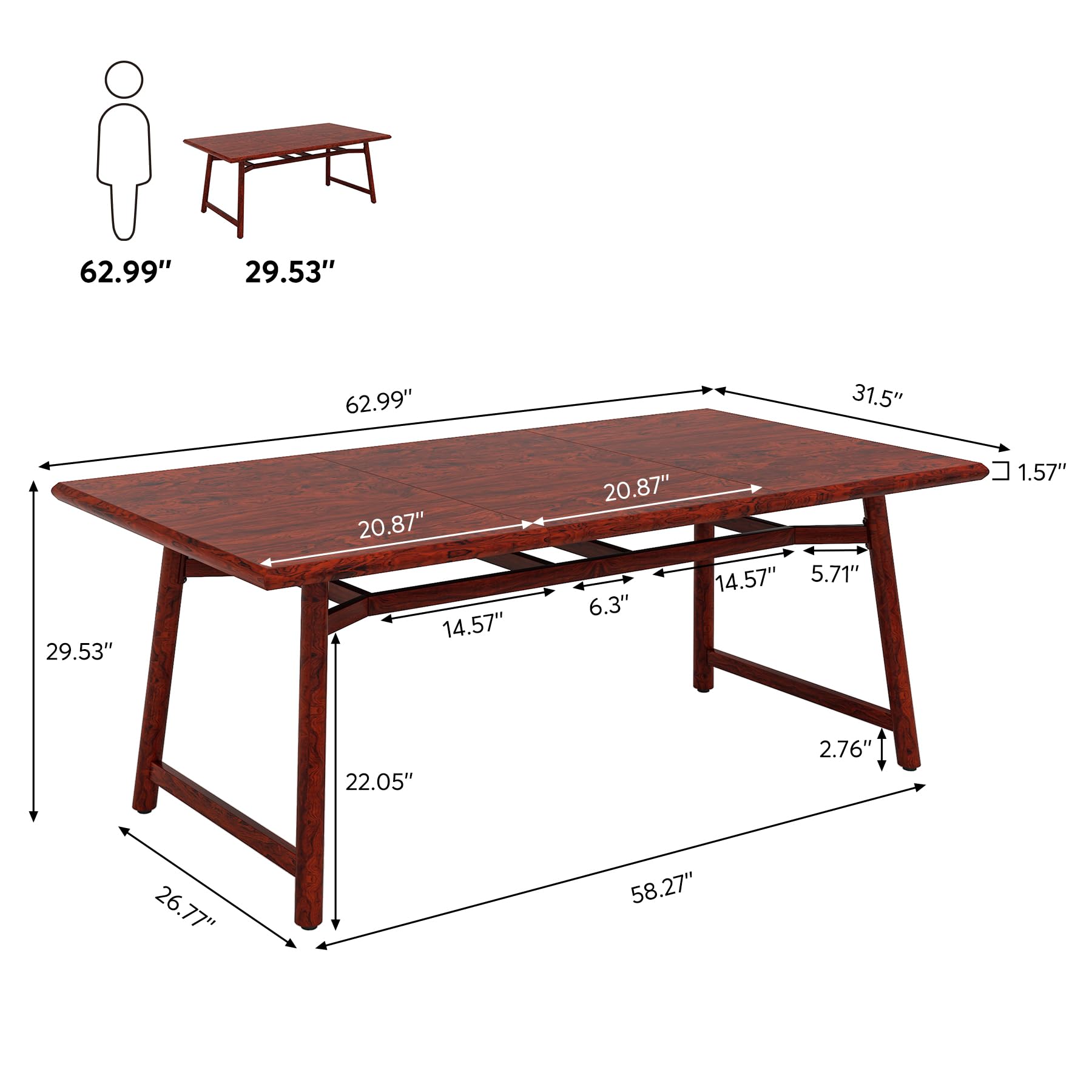 Tribesigns 63" Dining Table for 4-6, Rectangular Kitchen Table with Heavy-Duty Metal Legs, Wood Dinner Table for Kitchen or Dining Room, Easy Assembly, Classic Cherry Red