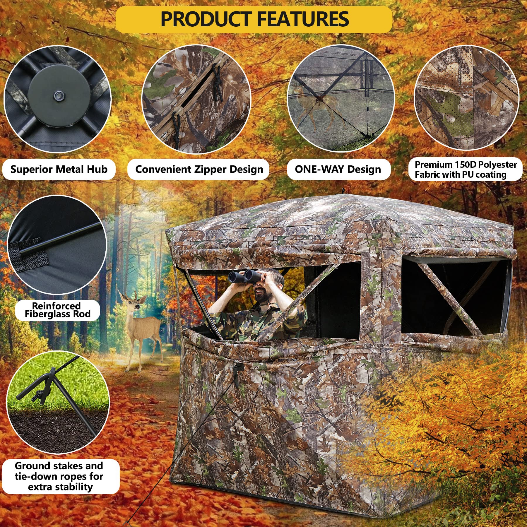 Trigoo Hunting Blind 2-3 Person 270 Degree Pop Up Hunting Ground Tent See Through with Carrying Bag and Ground Stakes
