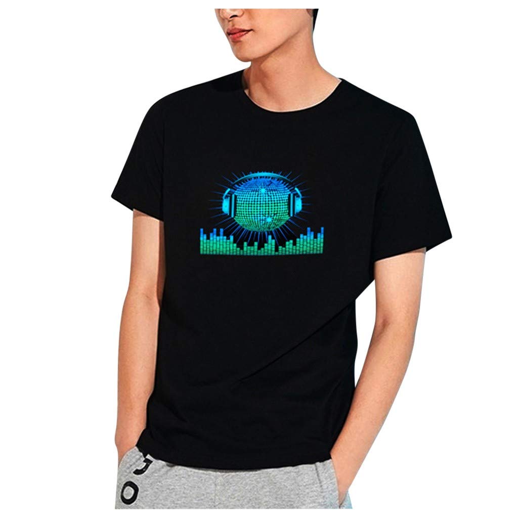 Top for Men Party Disco DJ Sound Activated LED Light Up and Down Flashing Glowing Printed Crewneck Short-Sleeve T Shirt
