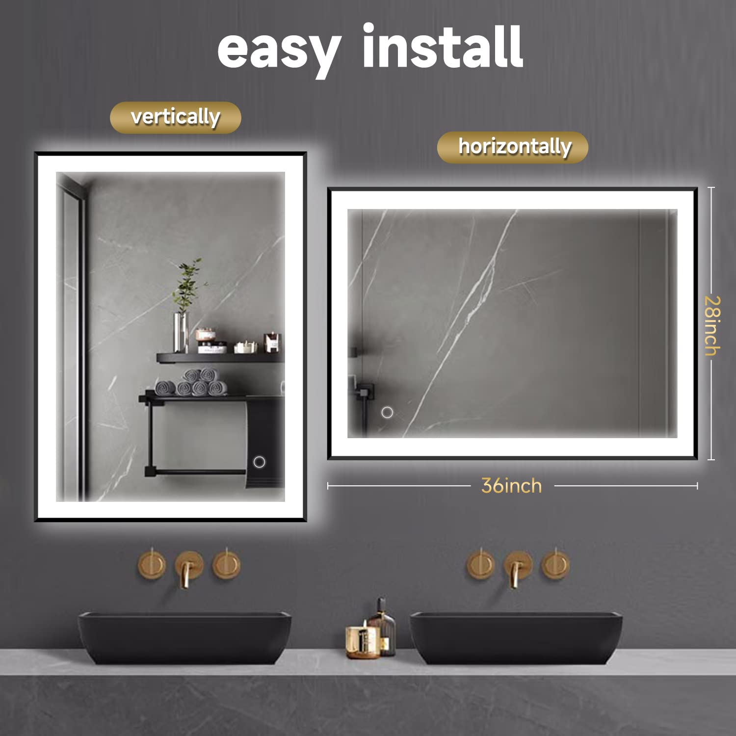 UNIQUE PLUS LIFE 20 x 28 Inch LED Bathroom Mirror with Lights, Anti-Fog Mirror for Bathroom, Black Framed Bathroom Vanity Mirror with Touch Button, Dimmable Lights Makeup Mirror, CRI 90+