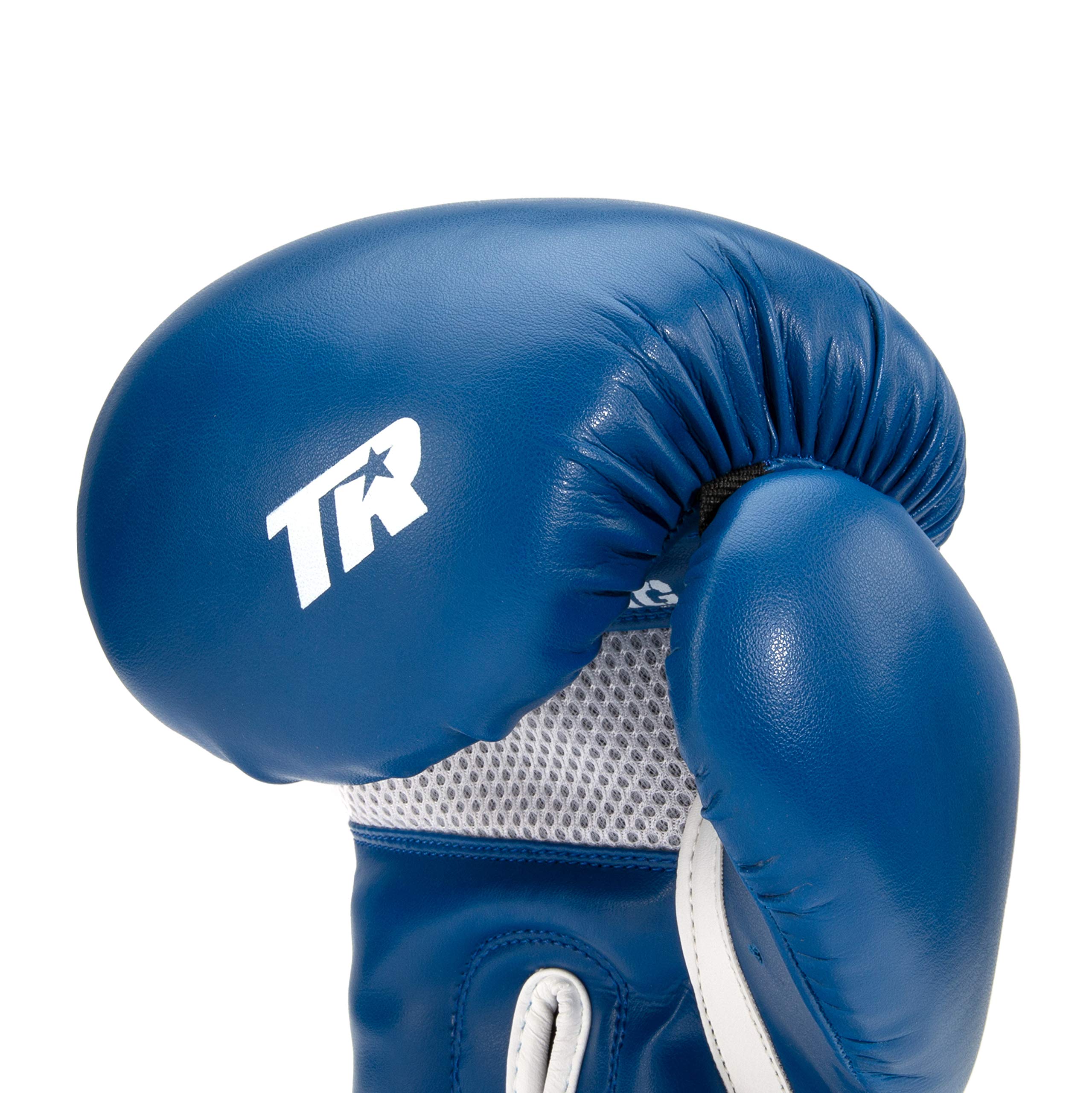 TOP RANK 12 oz. Contender Series Training Boxing Gloves, Molded Padding, Durable Synthetic Leather Shell, Mesh Palm, Hook and Loop Secured Pull Tab Closure, Blue with White Trim, Mesh Glove Bag