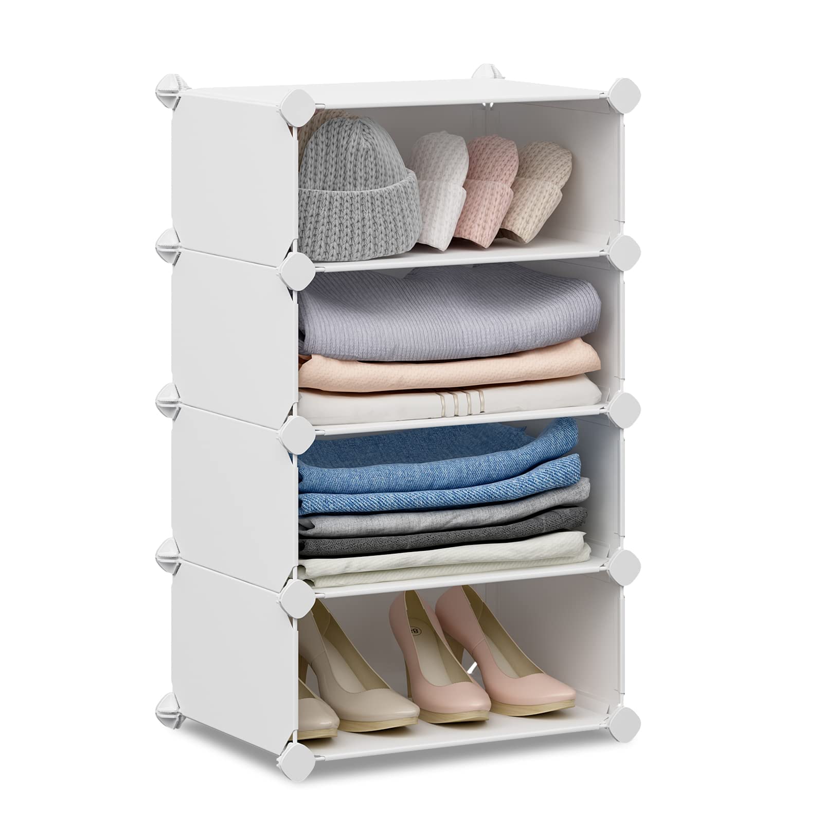VIPZONE 4 Tier Closet Shelf, 12 inches Deep Stackable Closet Storage Shelves for Clothes,Easy Assembly Organizer Plastic Shelf Rack for Bedroom,White