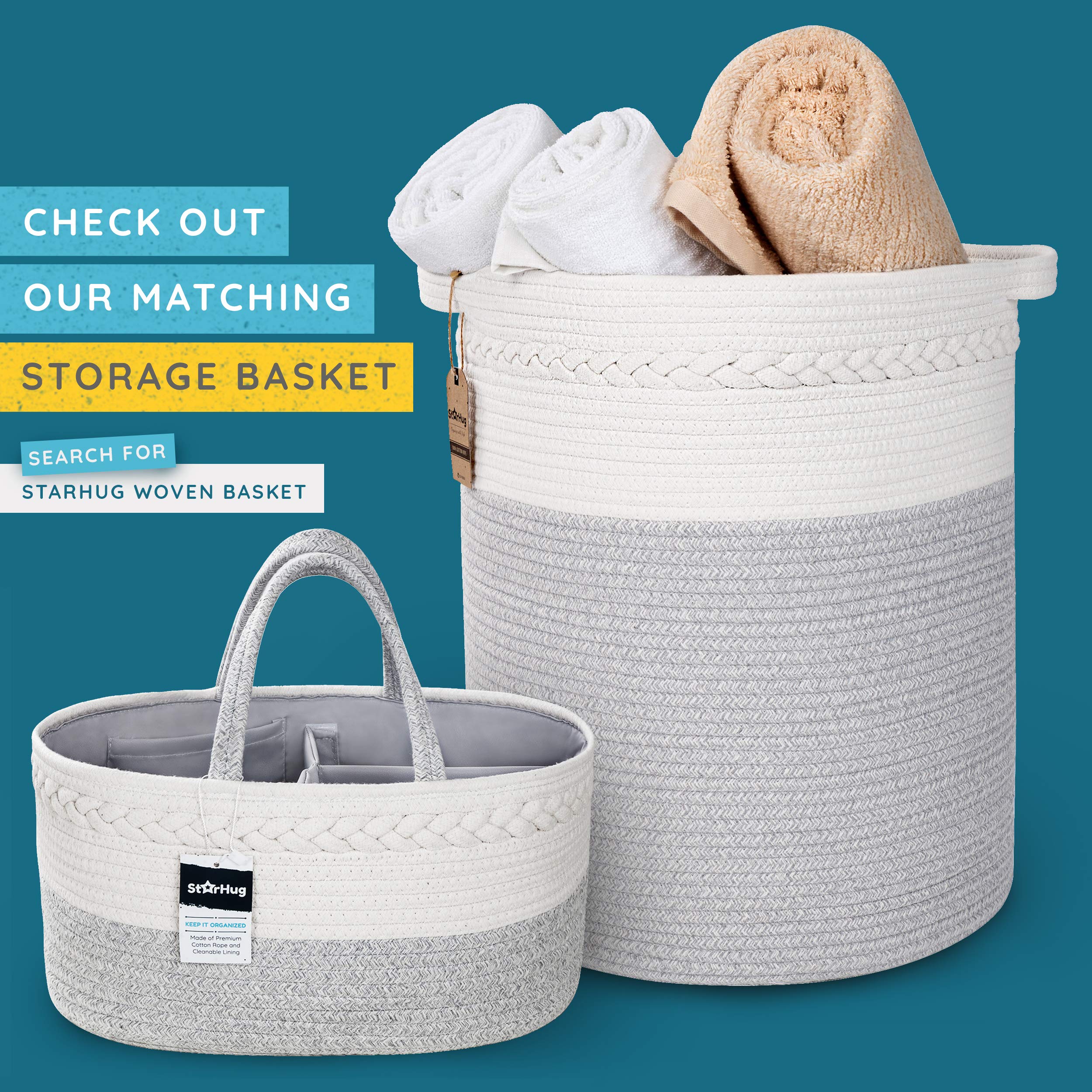 StarHug Baby Diaper Caddy Organizer β Baby Shower Basket with 2 Inner Pockets, Cleanable Interior, 100% Cotton Rope, Eco-Friendly, Large