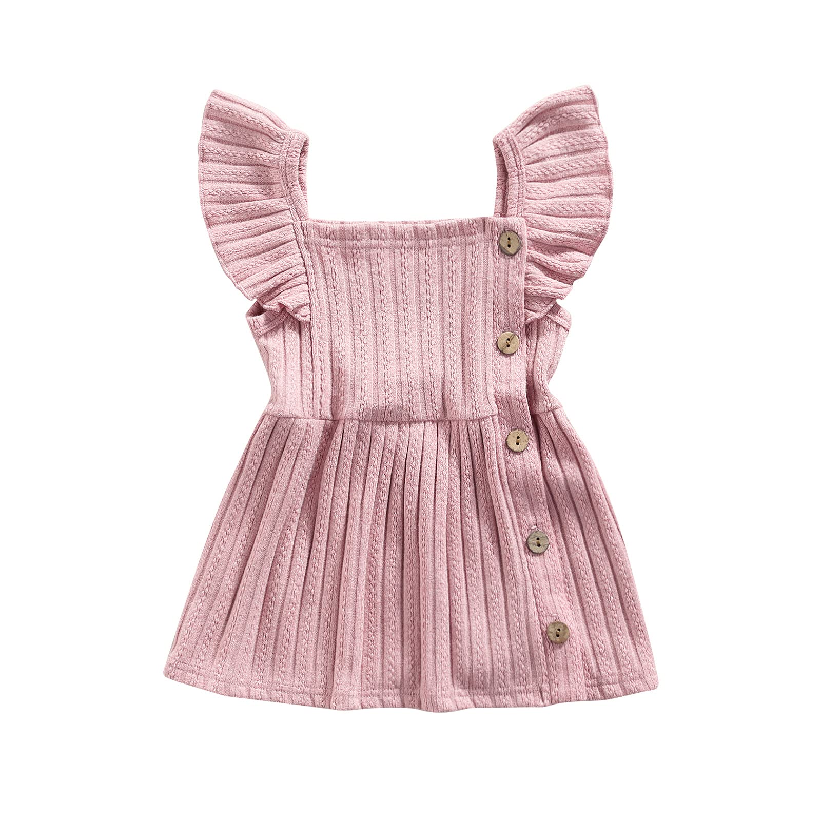 VISGOGO Kids Baby Girl Dresses Solid Color Ruffles Button Knitting Square Collar Outfits Clothes (Pink, 3-6 Months)