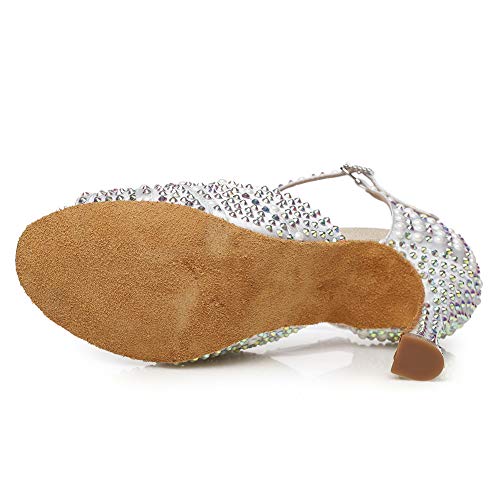 YKXLM Rhinestones Ballroom Dance Shoes Women Latin Salsa Dance Shoes T-Strap,L431-10,White,9.5 US